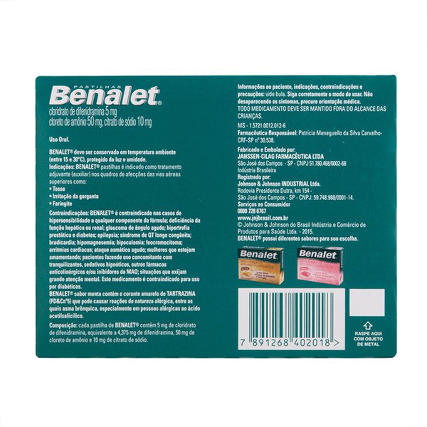 Benalet 5mg + 50mg + 10mg, caixa com 12 pastilhas, sabor menta Benalet 5mg + 50mg + 10mg, caixa com 12 pastilhas, sabor menta
